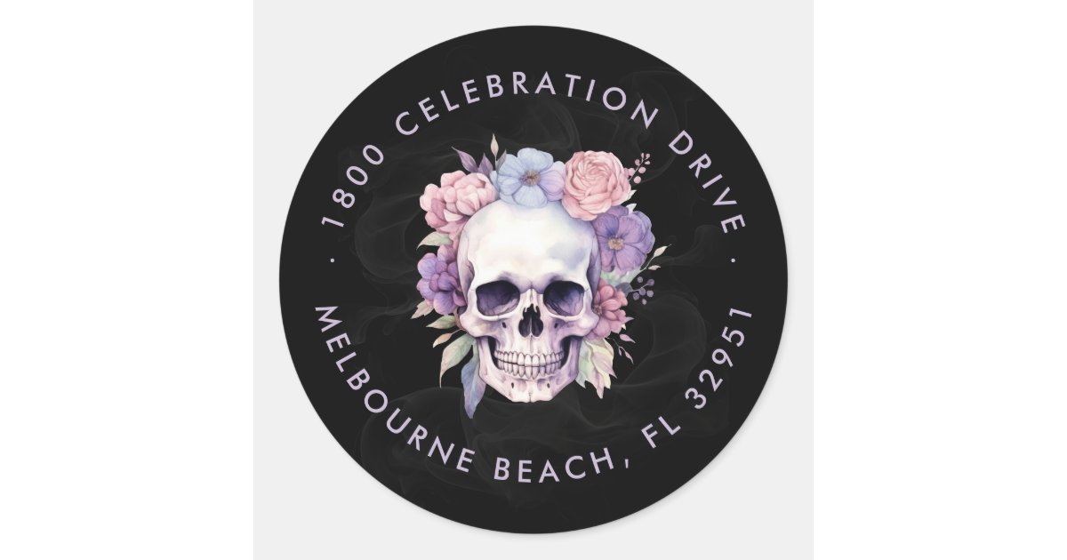 Elegant Floral & Skull Gothic Return Address Classic Round Sticker | Zazzle
