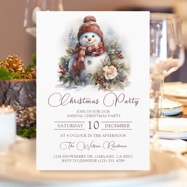 Elegant Floral Snowman Christmas Party Invitation | Zazzle