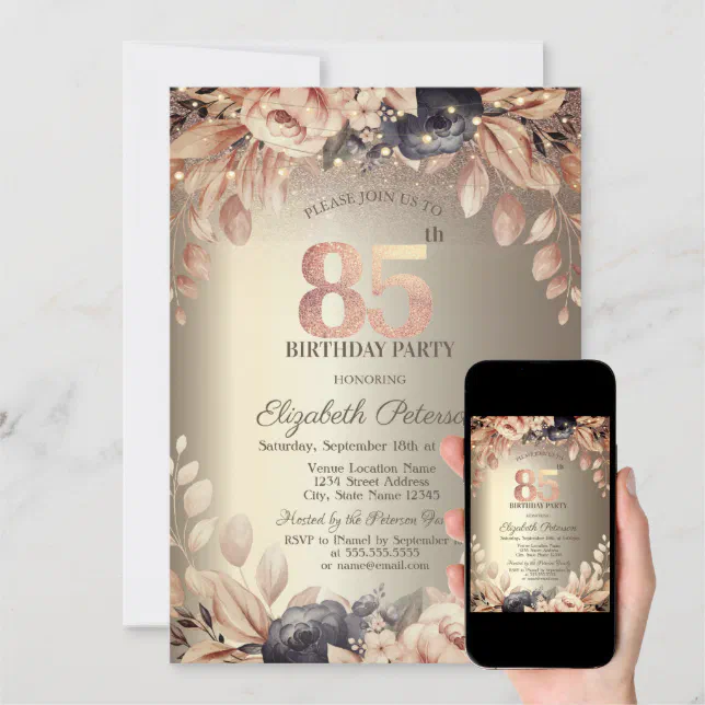 Elegant Floral,String Lights 85th Birthday Invitation | Zazzle