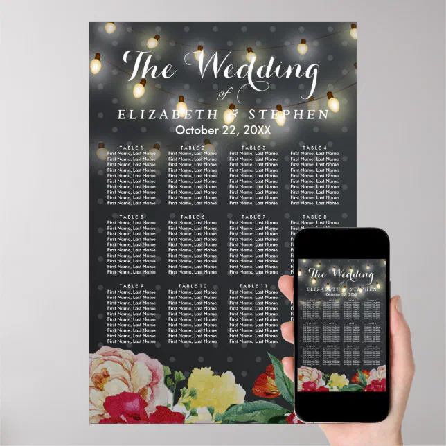 Elegant Floral String Lights Wedding Seating Chart | Zazzle