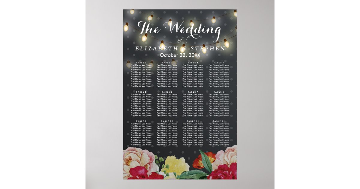 Elegant Floral String Lights Wedding Seating Chart | Zazzle