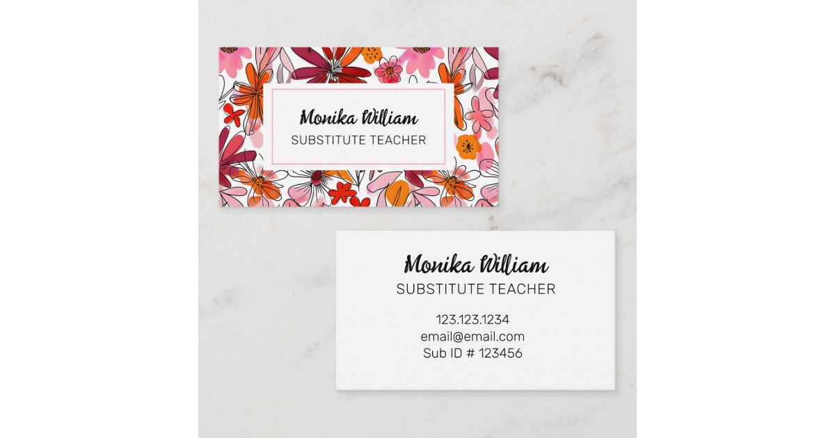 Elegant Floral Substitute Teacher Business Card | Zazzle