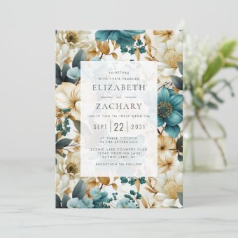 Elegant Floral Teal Ivory Gold Wedding Invitation | Zazzle