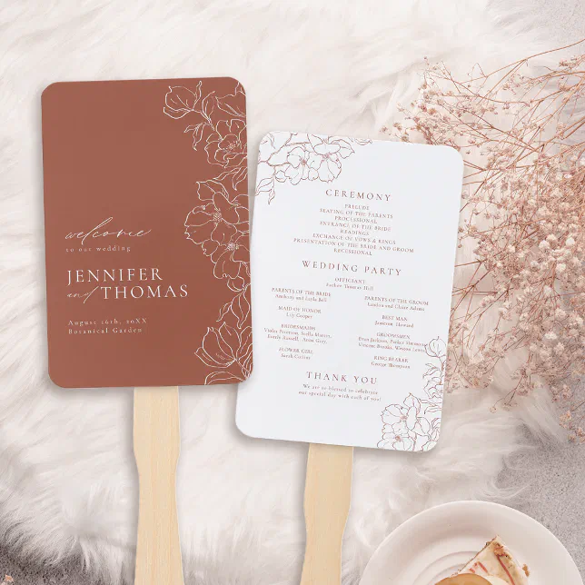 Elegant floral terracotta wedding program hand fan | Zazzle