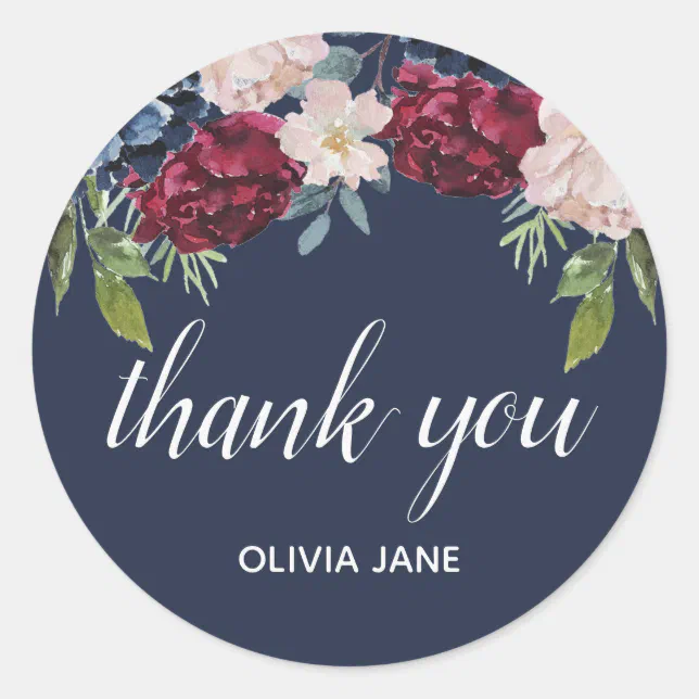 Elegant Floral Thank You Navy Blue Classic Round Sticker | Zazzle