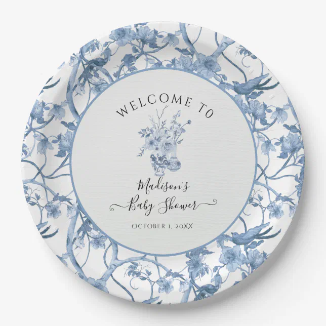 Elegant Floral Toile Blue and White Baby Shower Paper Plates | Zazzle