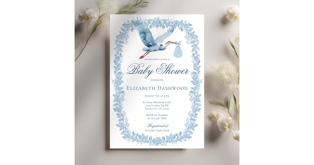 Elegant Floral Toile Frame Blue Stork Baby Shower Invitation | Zazzle