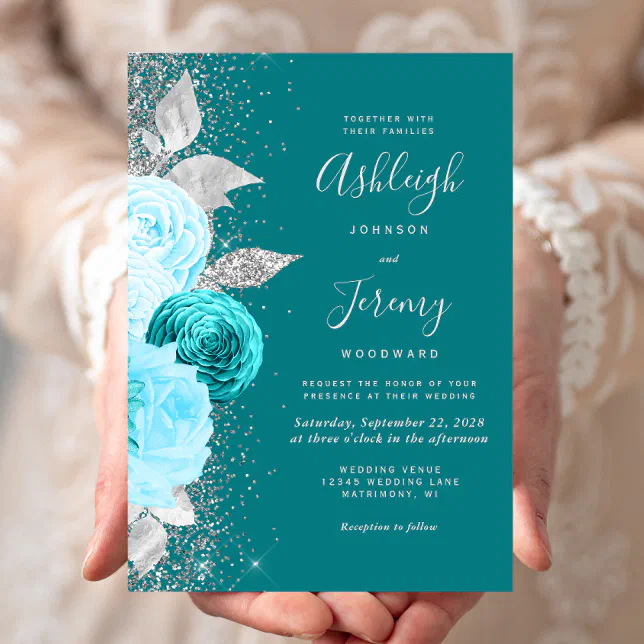 Elegant Floral Turquoise Silver Glitter Wedding Invitation | Zazzle