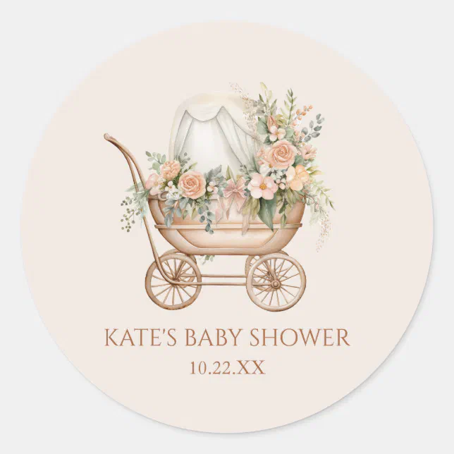 Elegant Floral Vintage Baby Carriage Baby Shower Classic Round Sticker ...