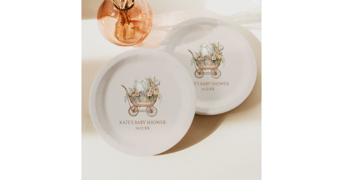 Elegant Floral Vintage Baby Carriage Baby Shower Paper Plates | Zazzle