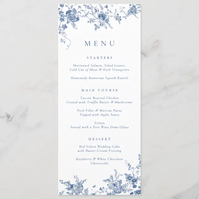 Elegant Floral Vintage Botanical Navy Blue Menu | Zazzle