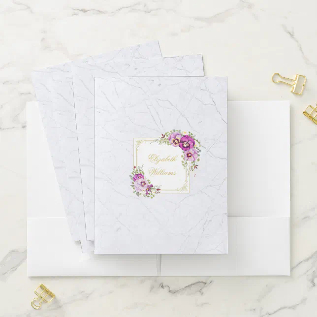 Elegant Floral Vintage Chic Marble Purple Pansies Pocket Folder | Zazzle