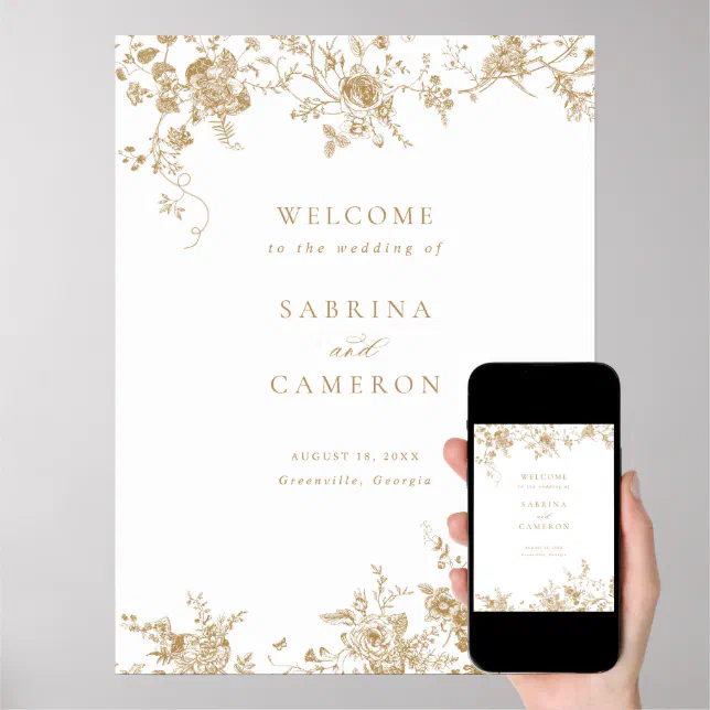Elegant Floral Vintage Gold Wedding Welcome Sign | Zazzle