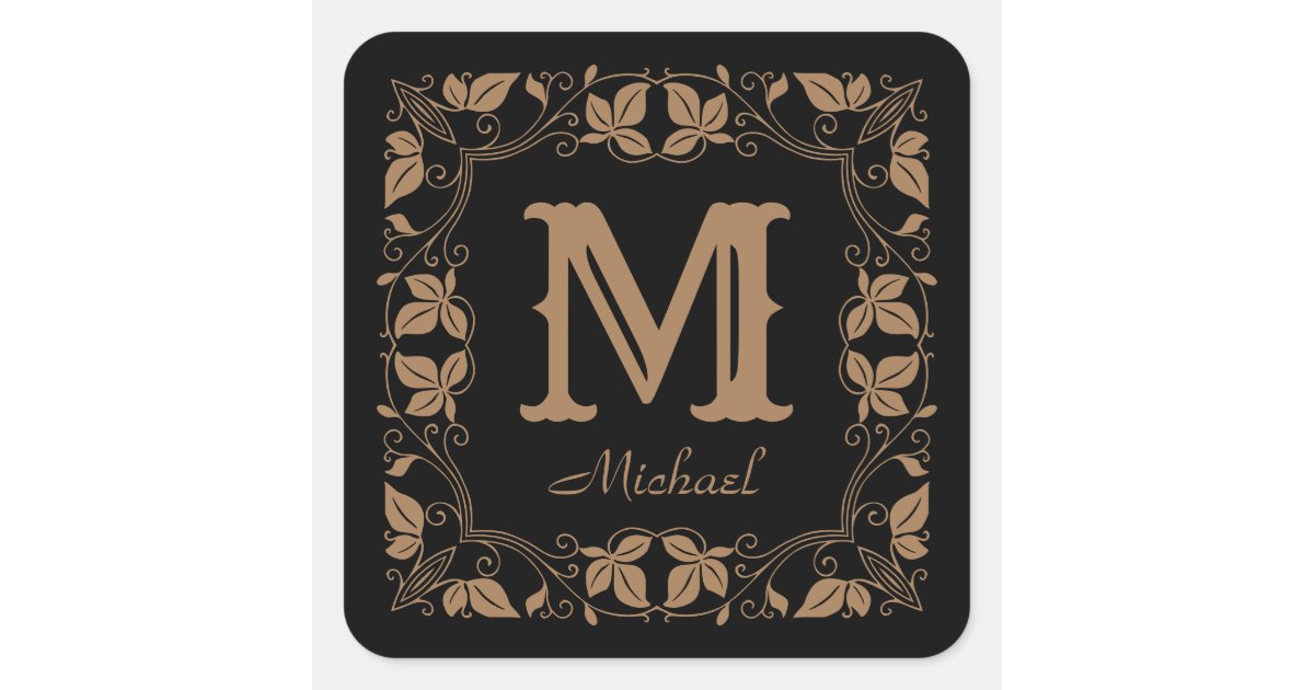 Elegant Floral Vintage Monogram Custom Name Square Sticker | Zazzle