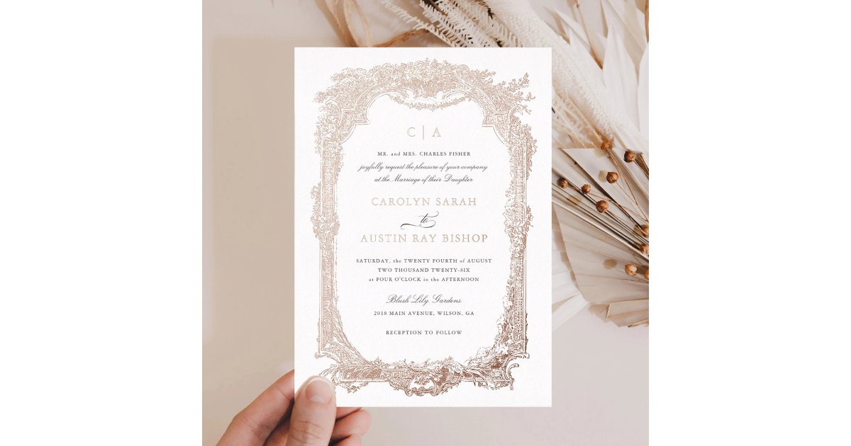 Elegant Floral Vintage Ornament Frame Wedding Gold Foil Invitation | Zazzle