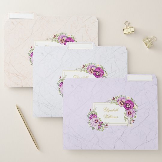 Elegant Floral Vintage Pansies Purple Chic Marble File Folder | Zazzle.com