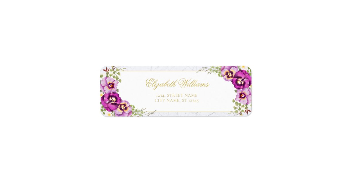 Elegant Floral Vintage Purple Chic Marble Pansies Label | Zazzle