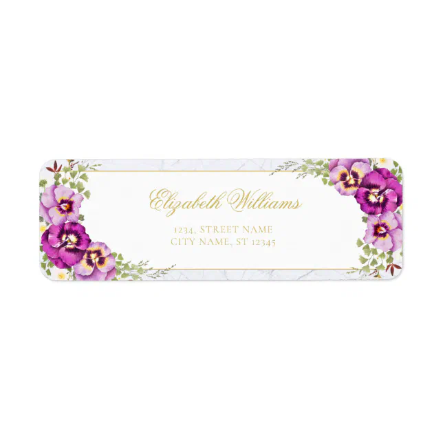 Elegant Floral Vintage Purple Chic Marble Pansies Label | Zazzle