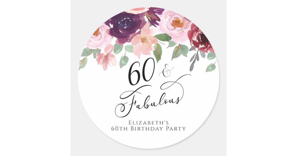 Elegant Floral Watercolor 60th Birthday Party Classic Round Sticker ...