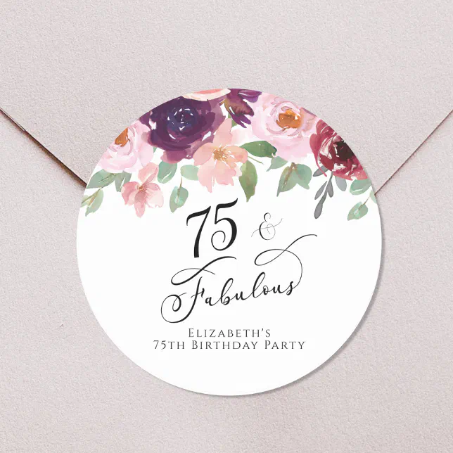 Elegant Floral Watercolor 75th Birthday Party Classic Round Sticker ...