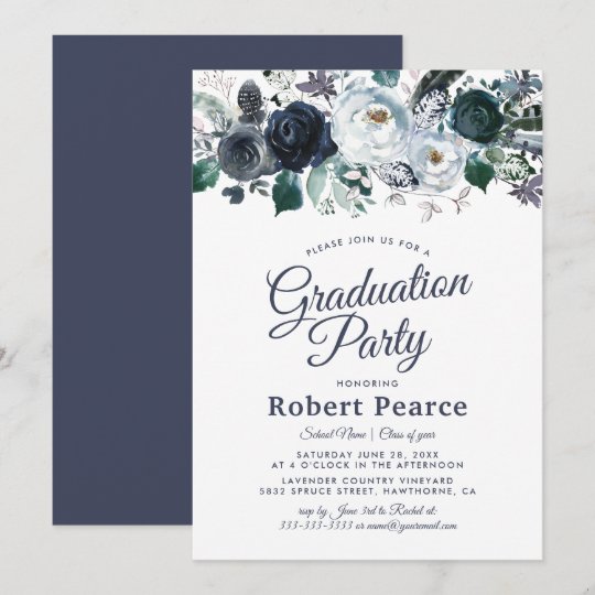 Elegant Floral Watercolor Blue Graduation Party Invitation | Zazzle.com