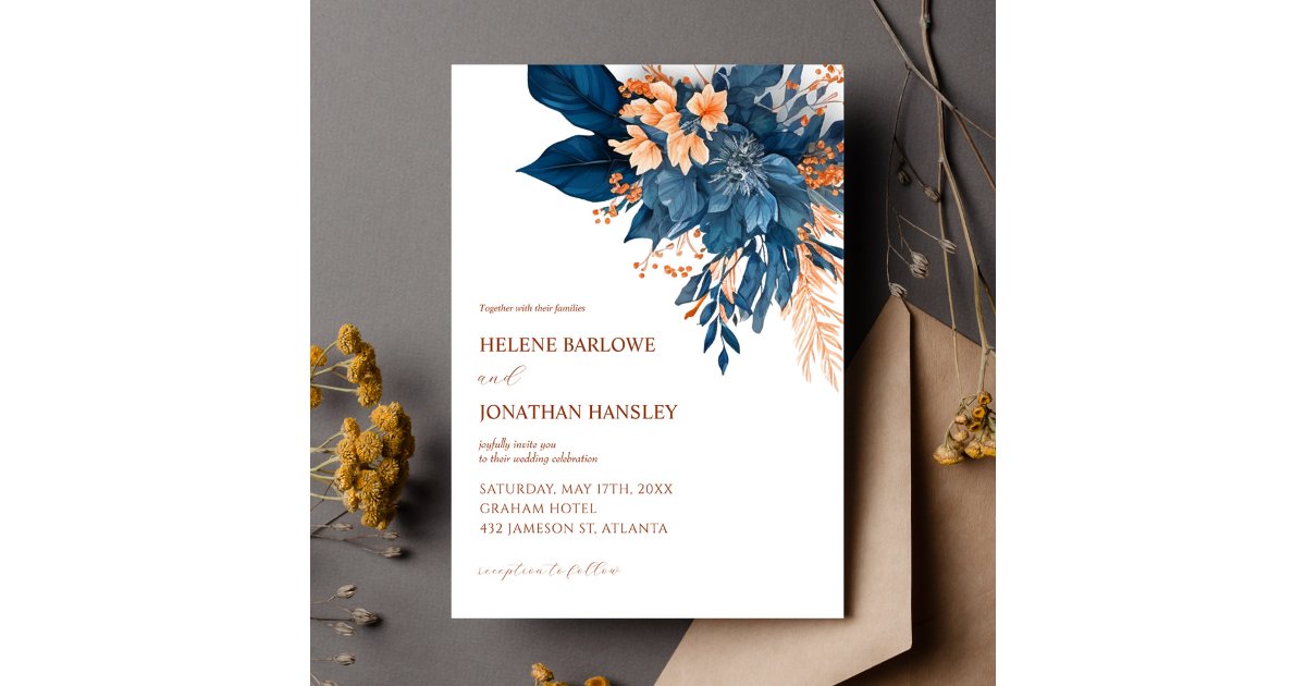 Elegant Floral Watercolor Indigo Rust Wedding Invitation | Zazzle