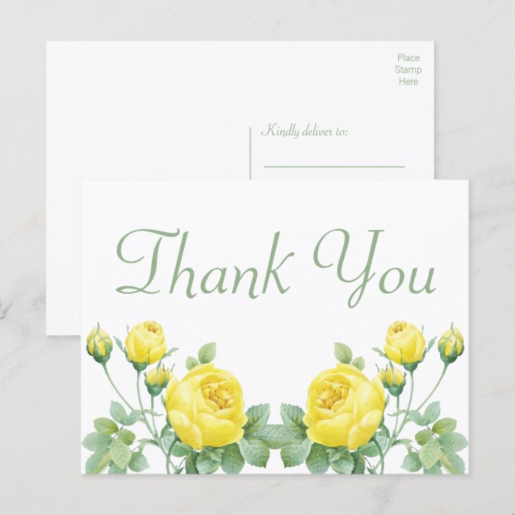 Elegant Floral Watercolor Yellow Rose Thank You Po Postcard | Zazzle