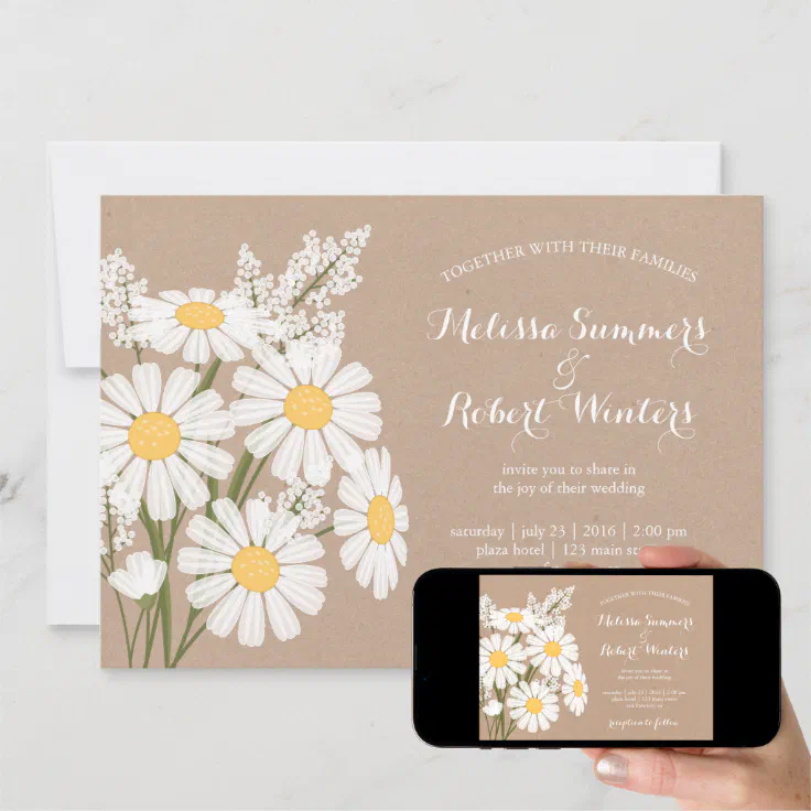 Elegant Floral White Daisies Beige Wedding Invitation | Zazzle