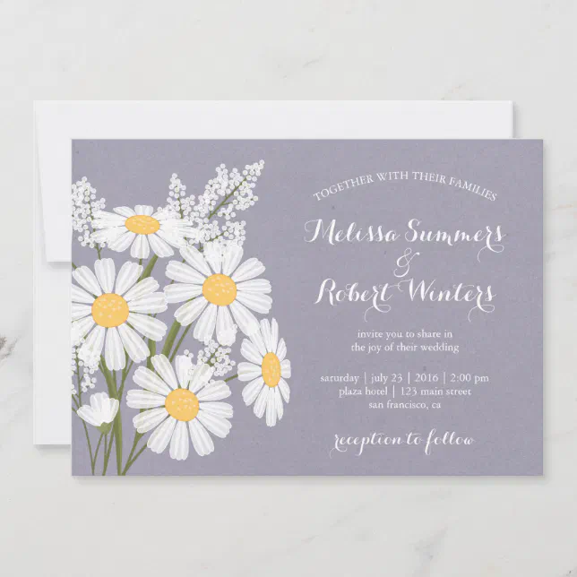 Elegant Floral White Daisies Lavender Wedding Invitation | Zazzle