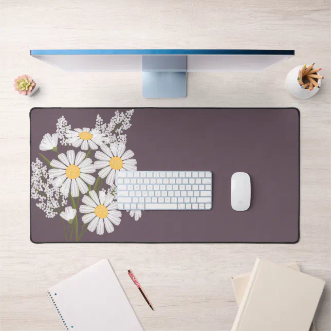 Elegant Floral White Daisies on Dark Purple Desk Mat | Zazzle