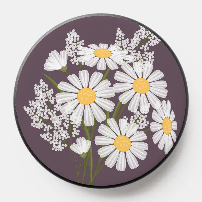 Elegant Floral White Daisies on Dark Purple PopSocket | Zazzle