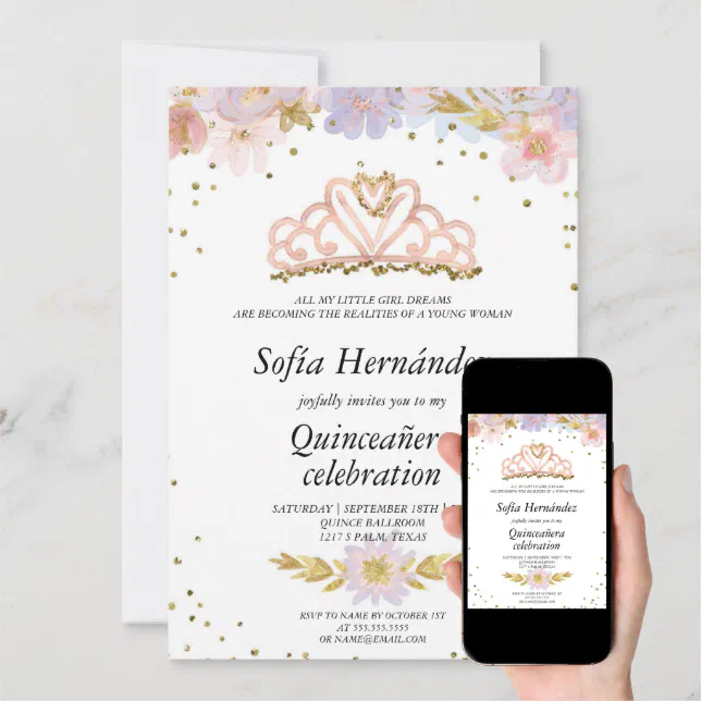 Elegant Floral with Tiara Quinceañera Invitation | Zazzle