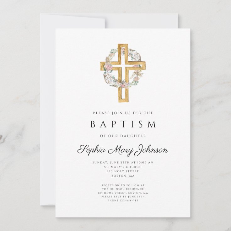 Elegant Floral Wreath Cross Baptism Invitation | Zazzle