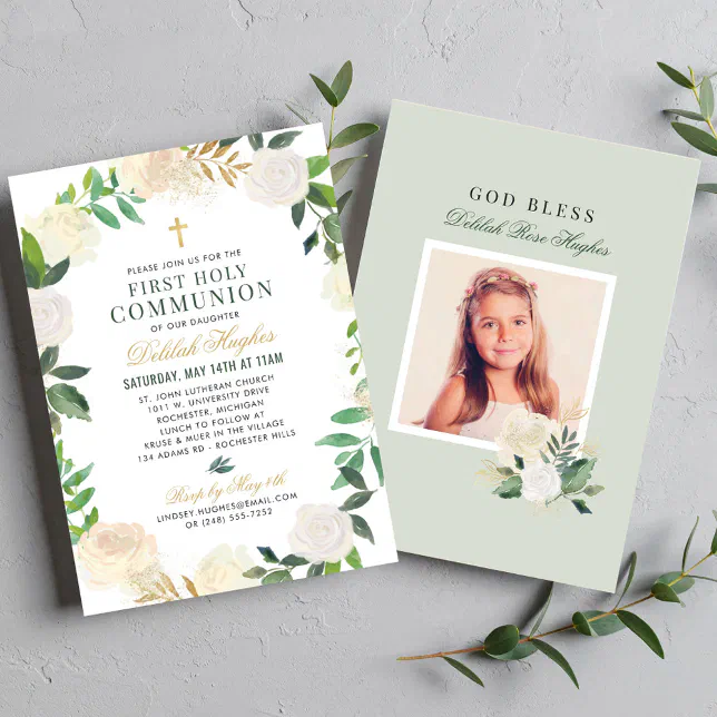 Elegant Floral Wreath First Communion Green Gold Invitation | Zazzle