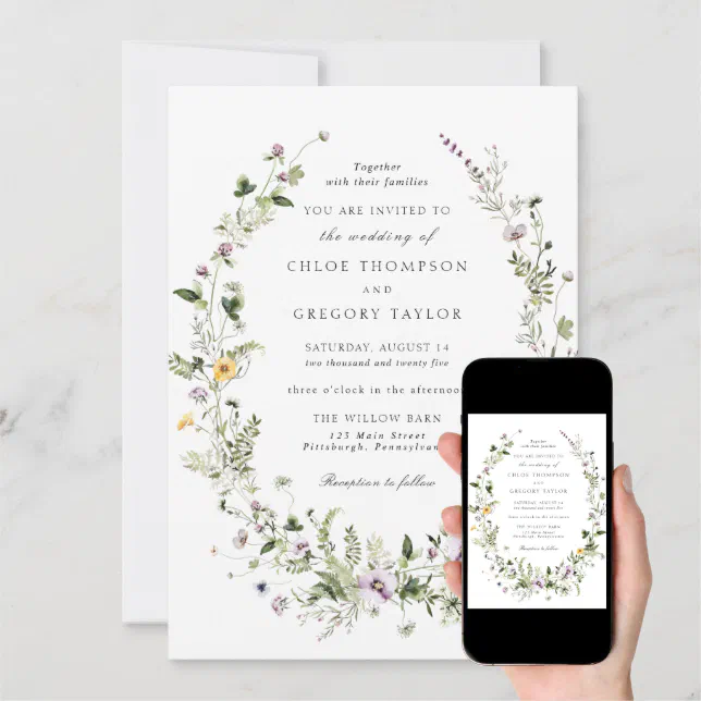 Elegant Floral Wreath Greenery Wedding Invitation | Zazzle