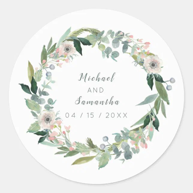 Elegant Floral Wreath Wedding Stickers | Zazzle