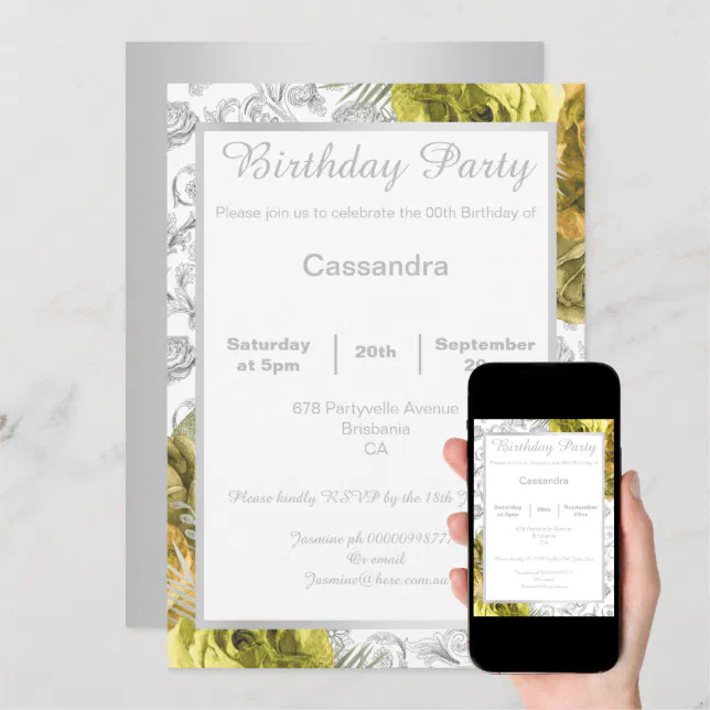 ELEGANT FLORAL YELLOW SILVER BORDER BIRTHDAY INVITATION | Zazzle
