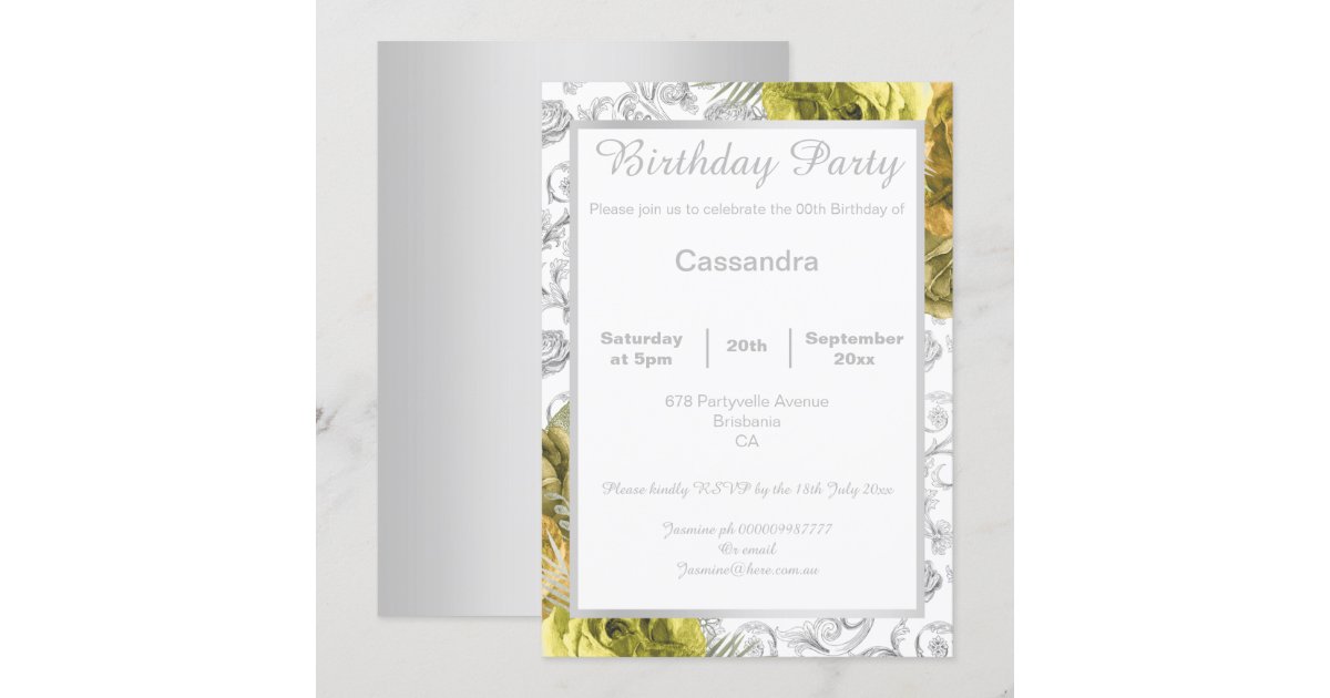 ELEGANT FLORAL YELLOW SILVER BORDER BIRTHDAY INVITATION | Zazzle