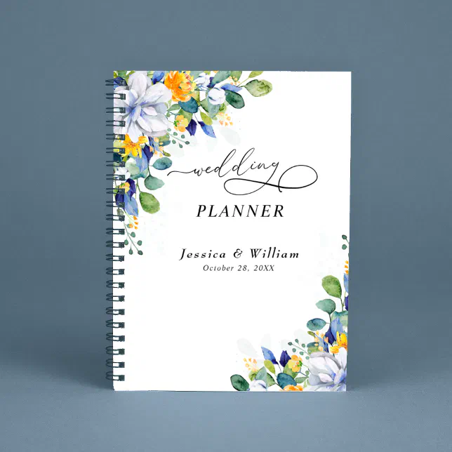 Elegant floral yellow white blue wedding planner | Zazzle