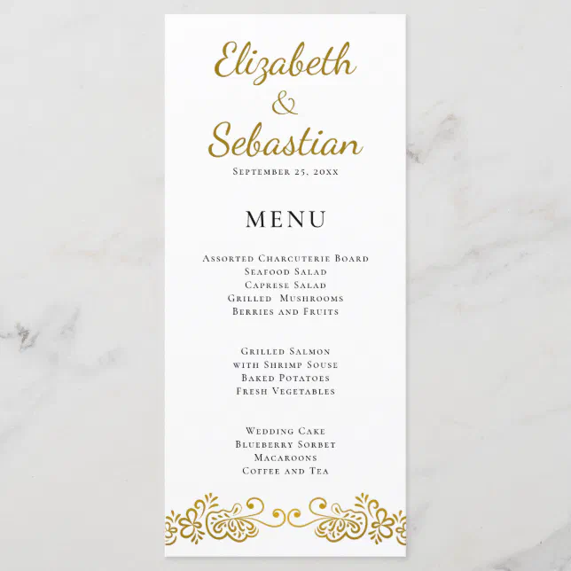 Elegant Flourish Gold & White Wedding Dinner Menu | Zazzle