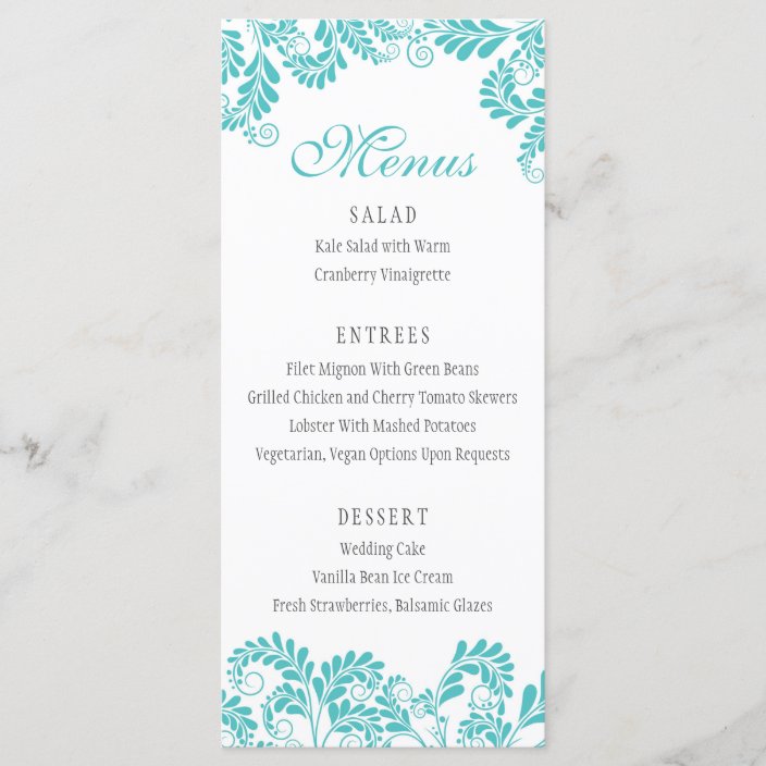 Elegant Flourish Turquoise Wedding Menus | Zazzle.com