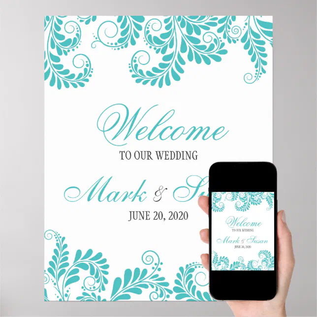 Elegant Flourish Turquoise Wedding Welcome Poster | Zazzle