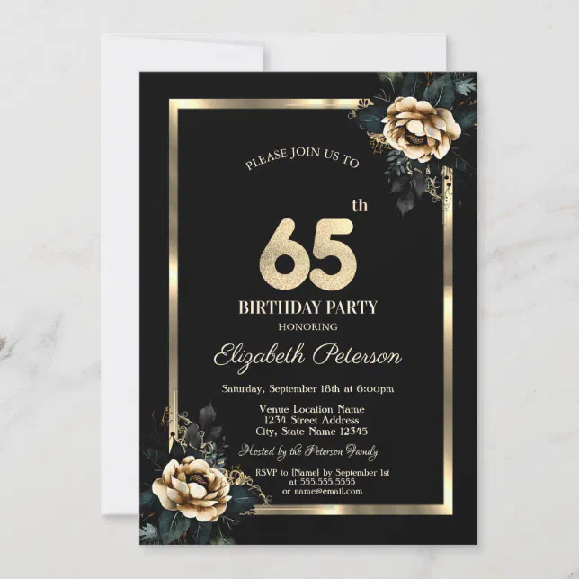 Elegant Flower Gold Frame Black 65th Birthday Invitation | Zazzle