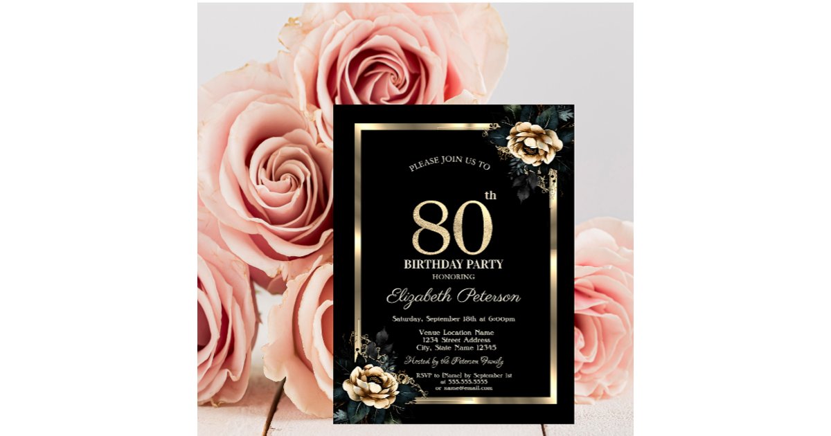 Elegant Flower Gold Frame Black 80th Birthday Invitation | Zazzle