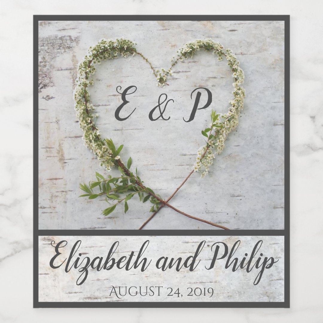 Elegant flower heart rustic birch bark wedding wine label | Zazzle