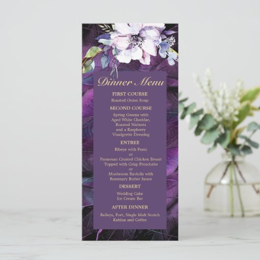 Elegant Flowers and Feathers Menu | Zazzle