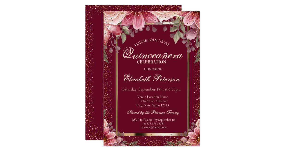 Elegant Flowers Frame Confetti Quinceañera Invitation | Zazzle.com