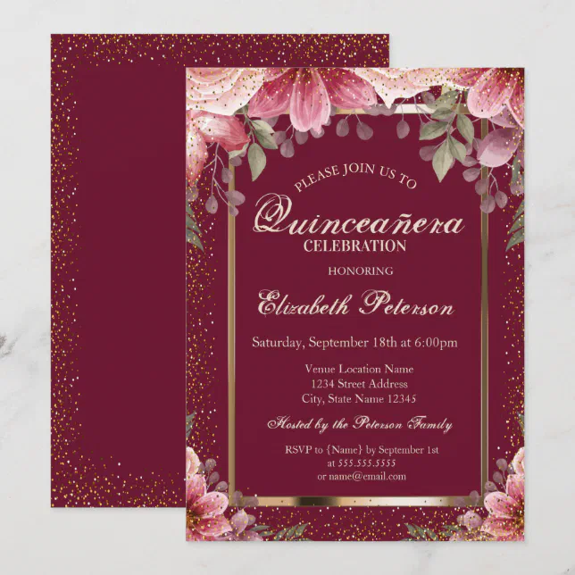 Elegant Flowers Frame Confetti Quinceañera Invitation | Zazzle
