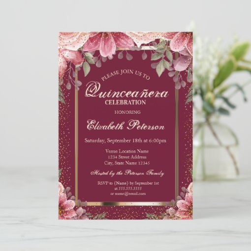 Elegant Flowers Frame Confetti Quinceañera Invitation | Zazzle