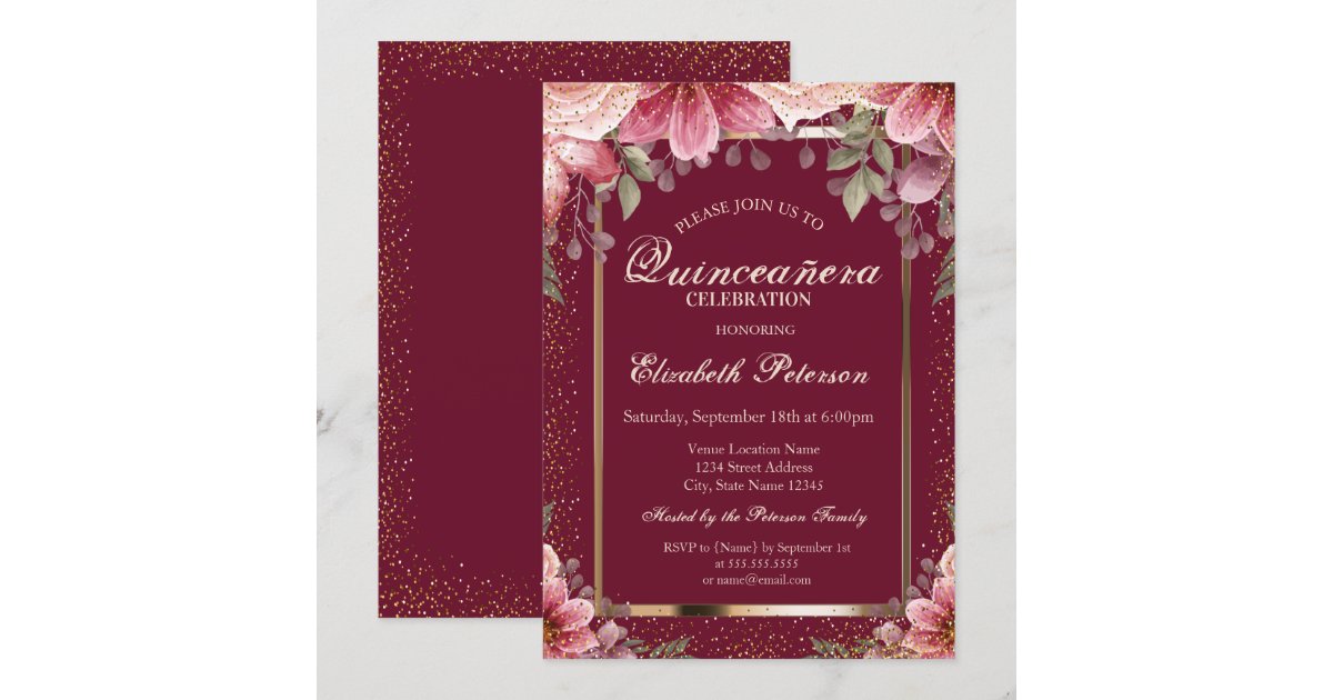 Elegant Flowers Frame Confetti Quinceañera Invitation | Zazzle